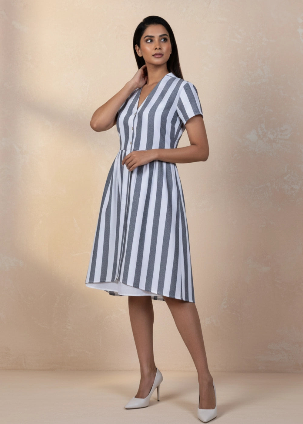 Grey & White Striped Cotton Dress | Sustainable Women’s Clothing | Karee